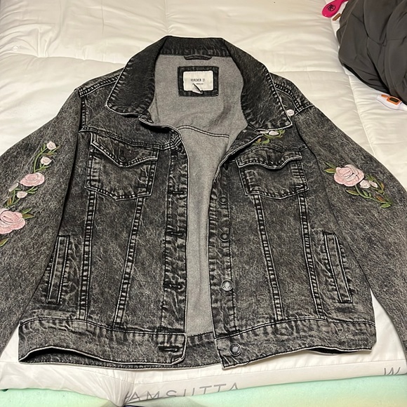 Jackets & Coats | Black Denim Jacket With Blush Floral Embroidery ...